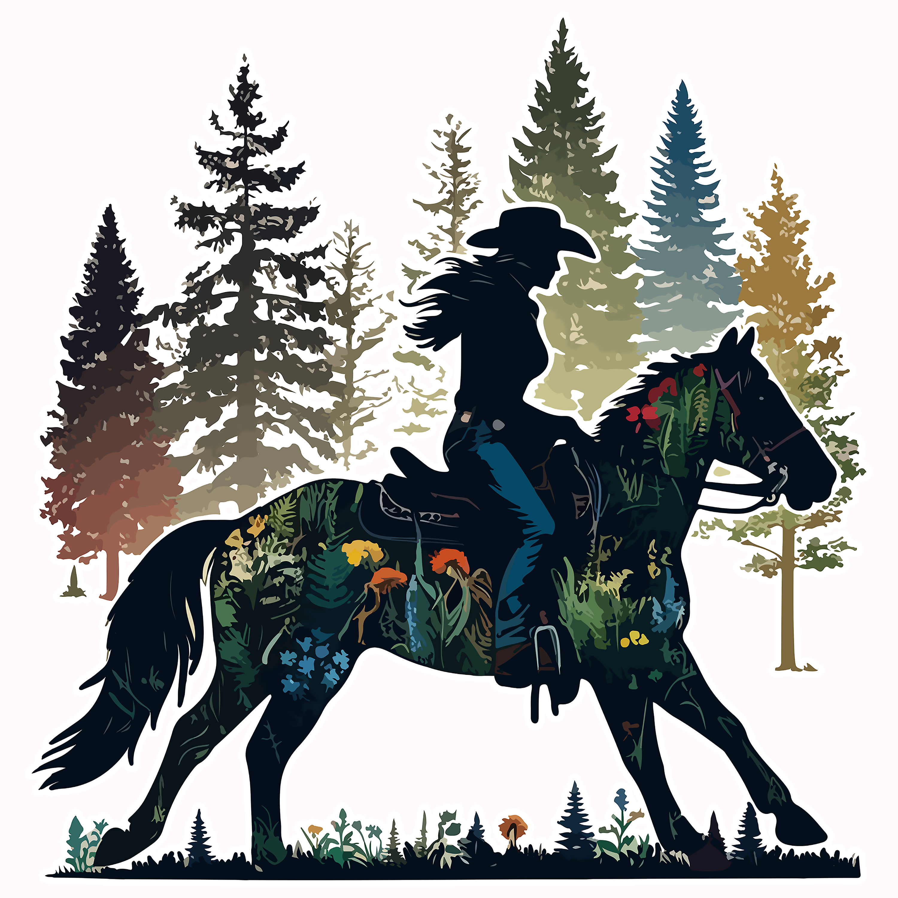 🌲 "Wild Spirit" Floral Horse & Cowgirl DTF Transfer 🌲