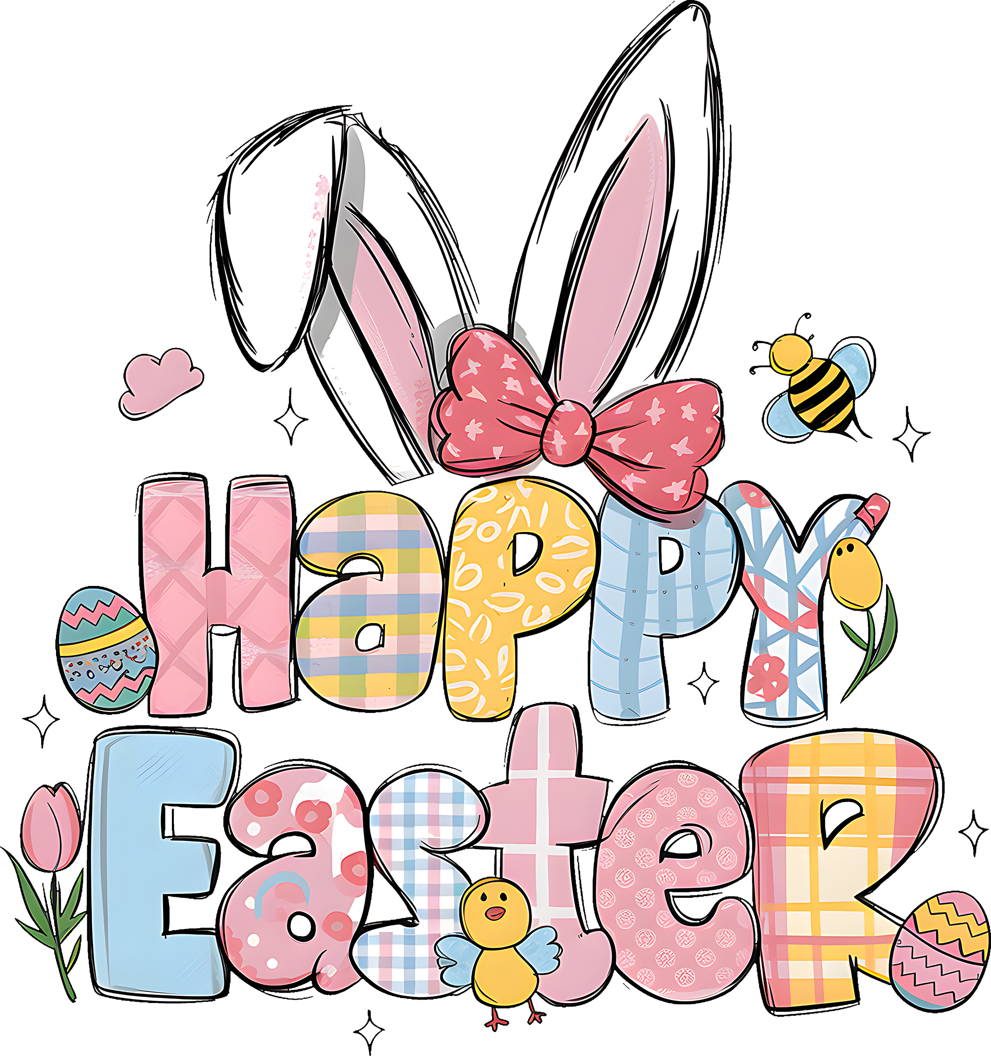 🐰 Happy Easter Doodle | Pastel Patterns Ready-to-Press DTF Transfer