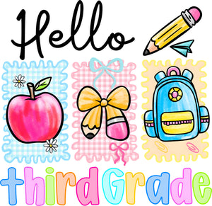 🎒 School Days are Here: "Hello Third Grade" Rainbow Doodle DTF Transfe